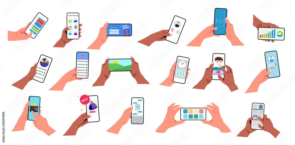 Hands holding mobile phones set. Fingers touching, tapping, scrolling ...