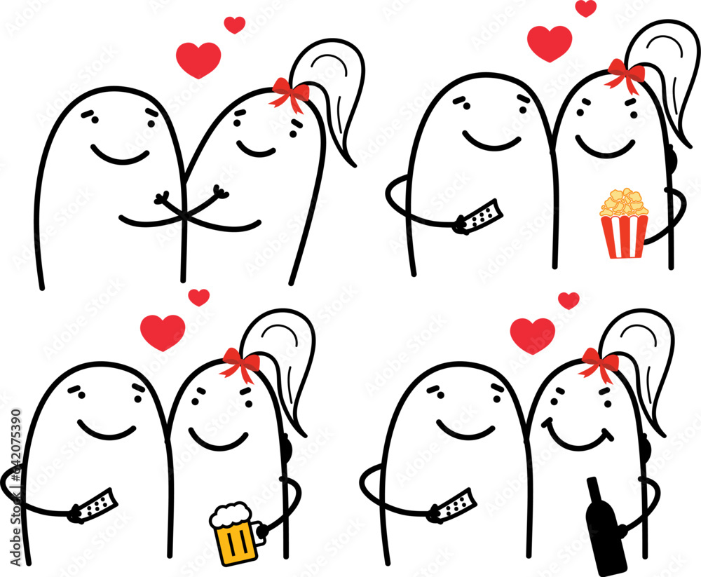 Thumb man. Couple hugging watching a movie eating popcorn. Drinking ...