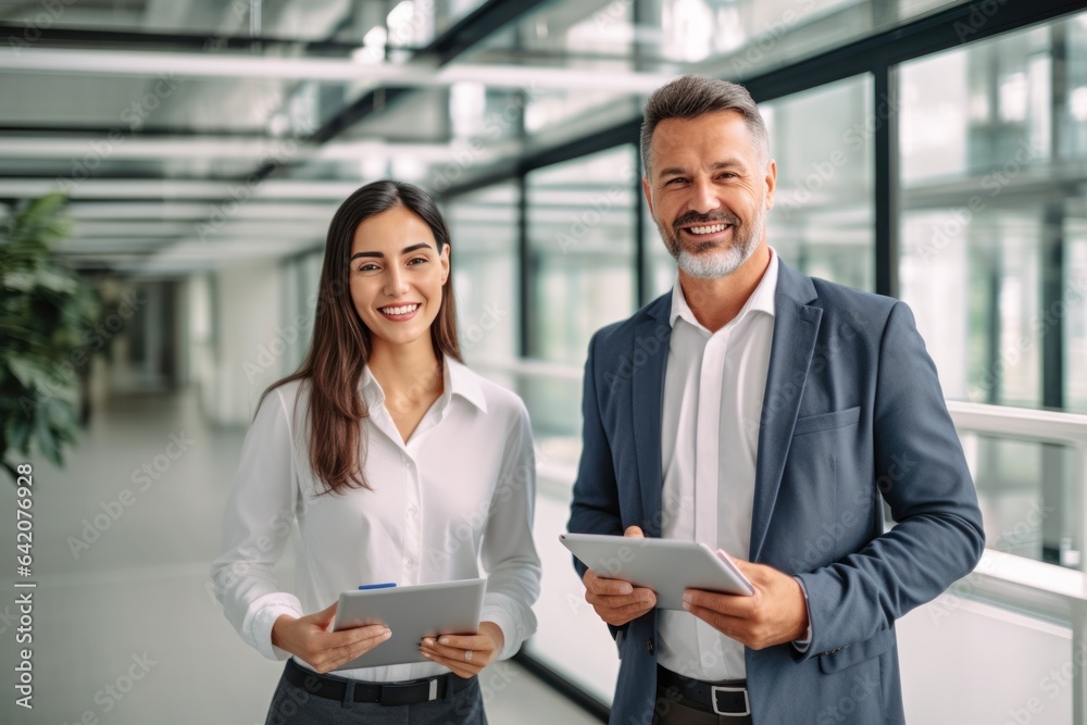 smiling business man and business woman standing in office with with ...
