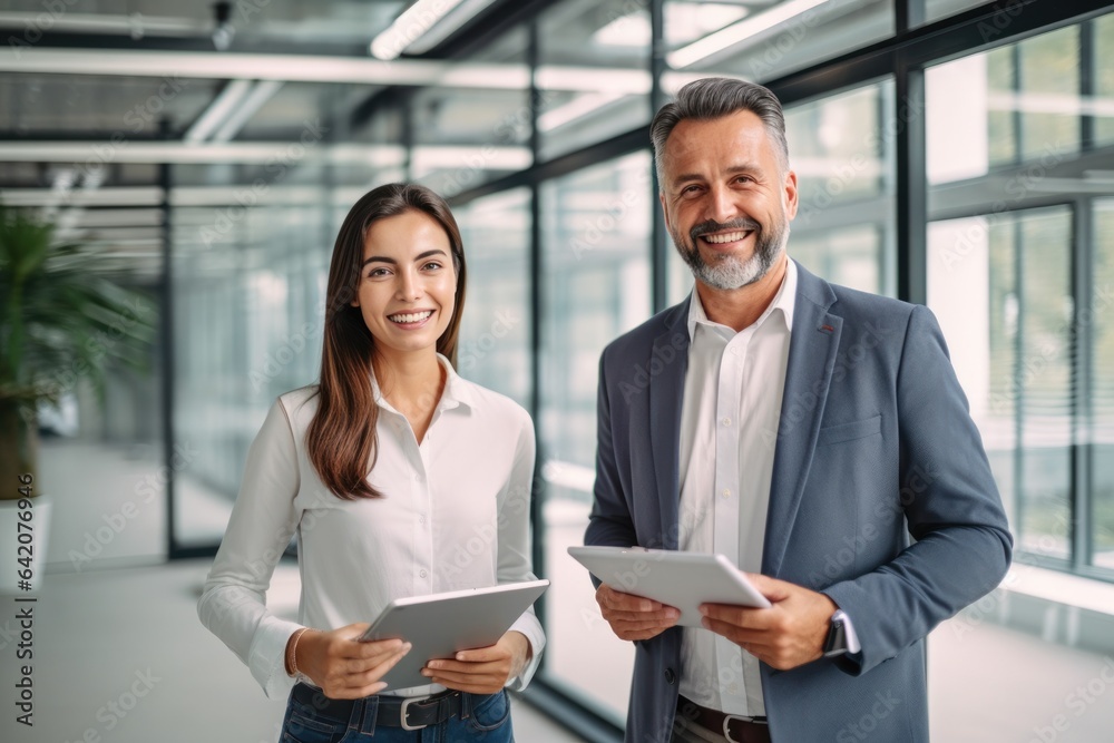 Foto de smiling two professional business people standing in office ...