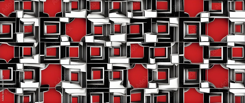 red and black background, red and white shiny blocks align in symmetry ...