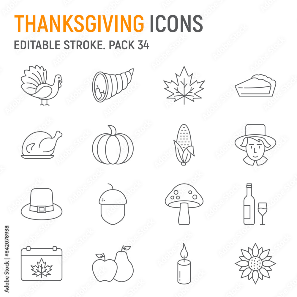 Thanksgiving line icon set, holidays collection, autumn vector graphics ...