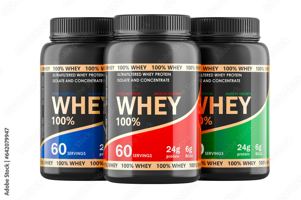 Set of Whey Protein Powder Jars, 3D rendering isolated on transparent ...