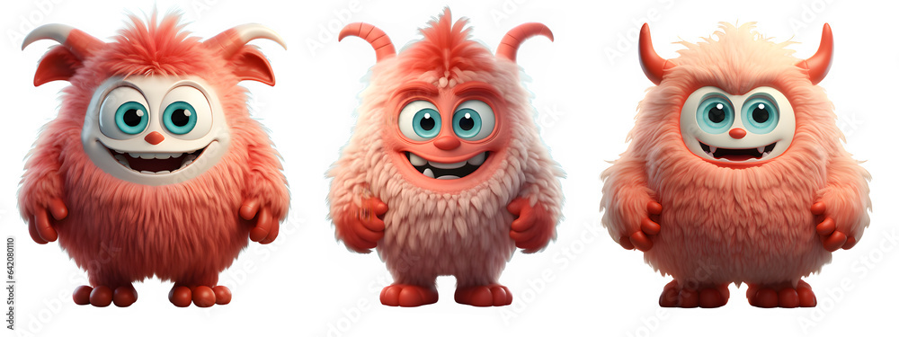 cute red furry monster ,funny horned monster isolated on transparent ...