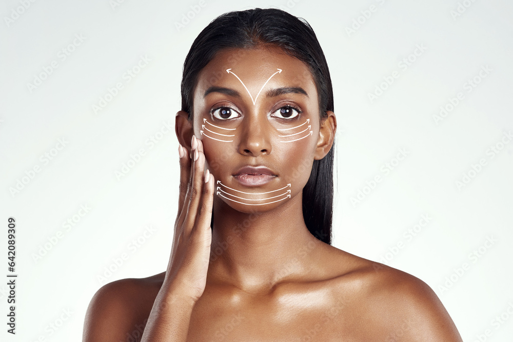 Studio portrait, plastic surgery lines and woman feel beauty filler ...