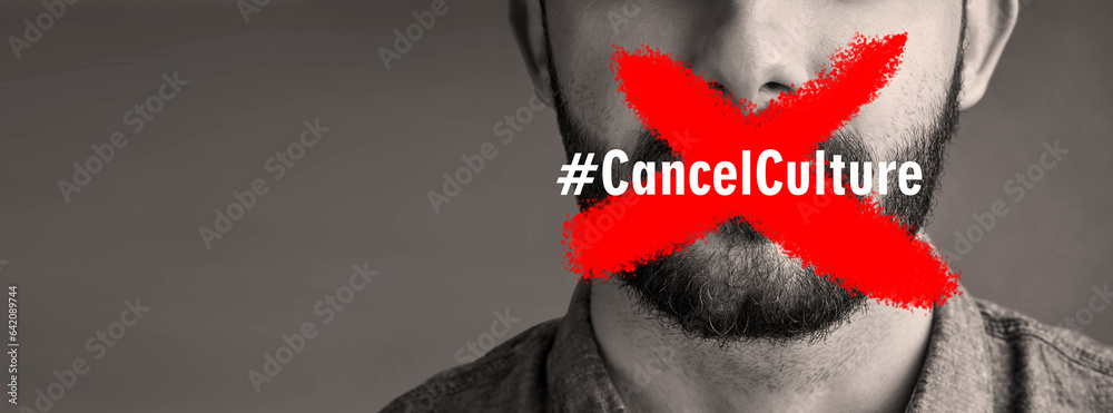 Cancel culture, man and protest sign on mouth with censorship for ...