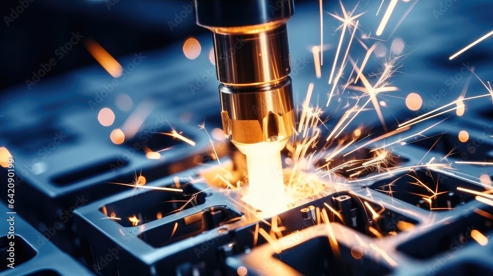 Laser CNC cut of metal profile of square section with light spark in ...