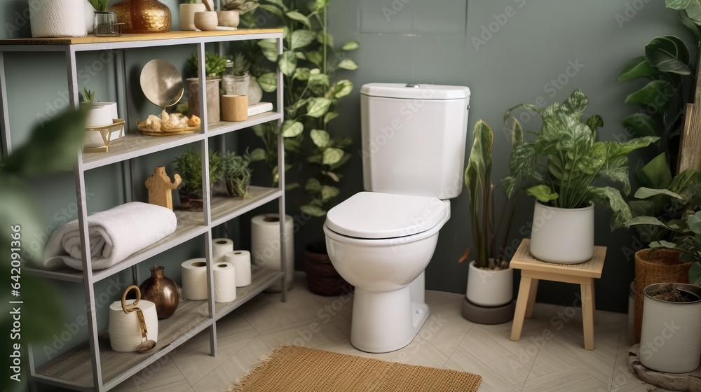 Modern toilet room interior, Classic white ceramic toilet bowl with ...