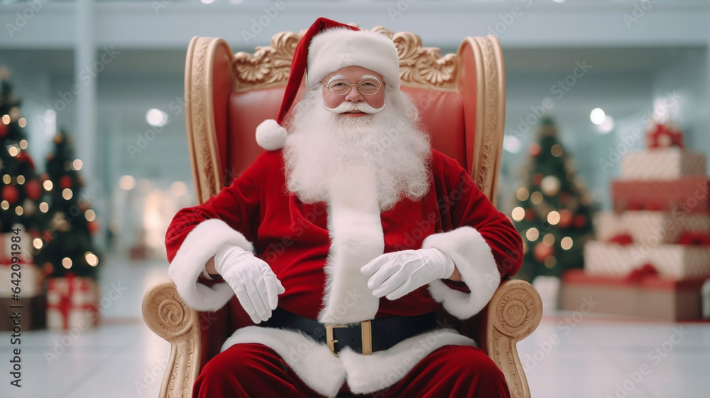 Photorealistic illustration, santa claus sitting on his throne in a ...
