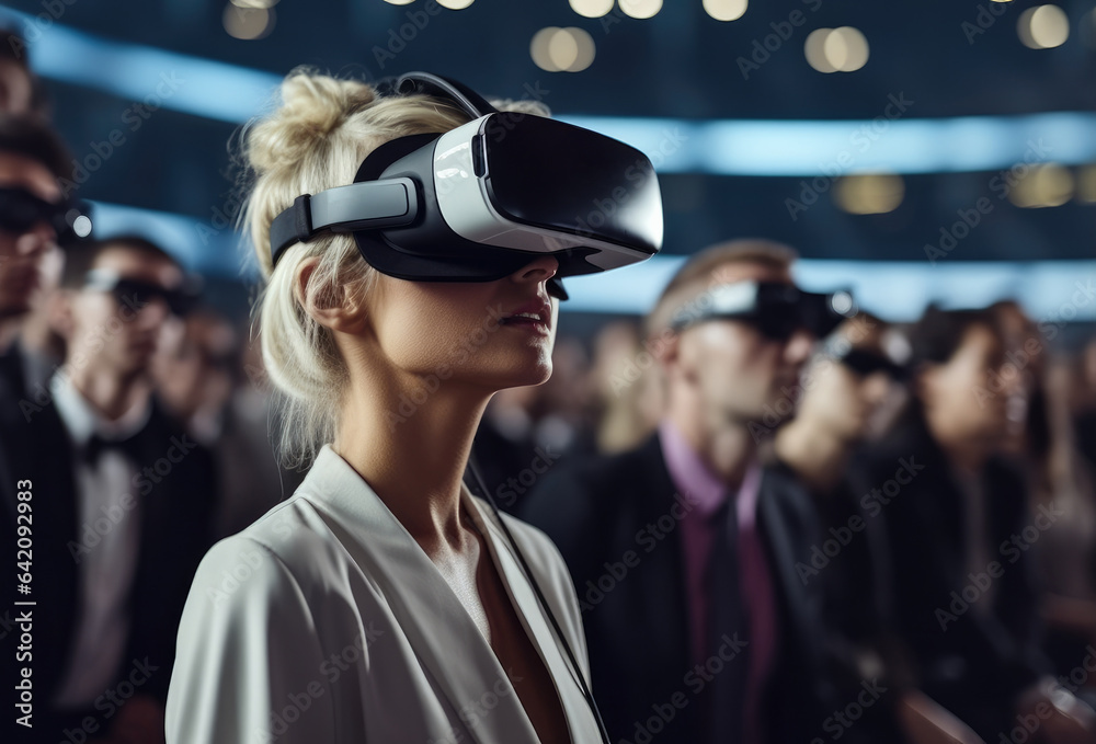 Business woman attend meeting wearing vr virtual goggle glasses ...