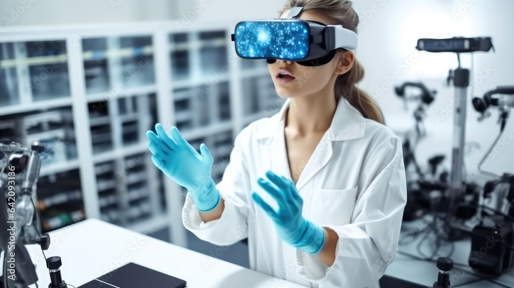 Scientist woman wearing a VR headset and interacting with virtual ...