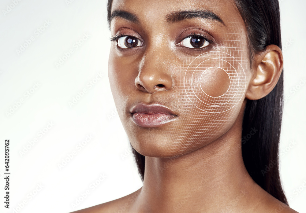 Portrait, target and facial recognition for skincare with a woman in ...