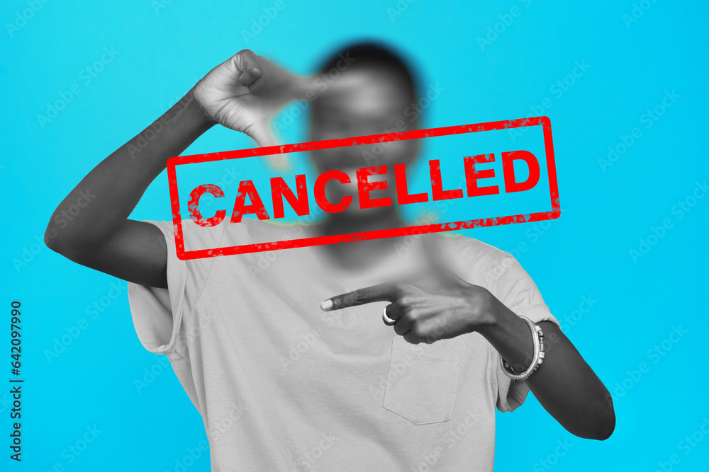 Cancelled, ban and woman with censor face for boycott, silence opinion ...