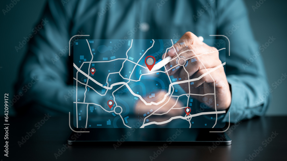 Businessman use tablet to search for address on world map with location ...