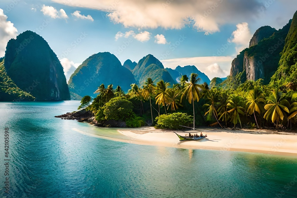 Tourists exploring the beaches and lagoons of bacuit archipeligo, el ...