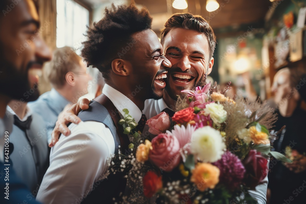 Gay couple embracing for the marriage. Together forever - loving happy ...