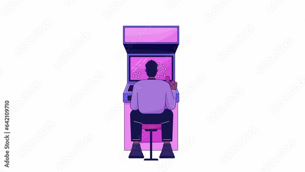 Black man sitting at arcade cabinet line 2D character animation. 90s ...