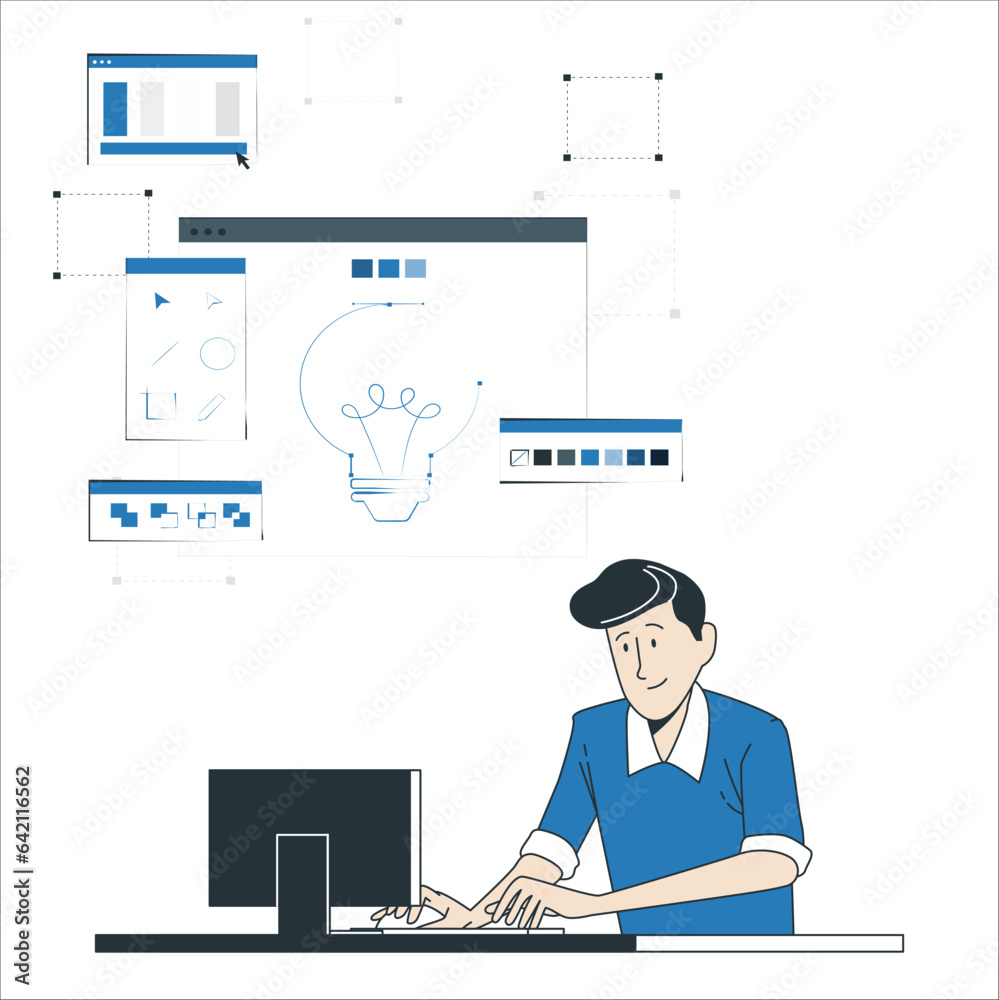 Vetor de Computer and monitor of graphic animator creating video game ...