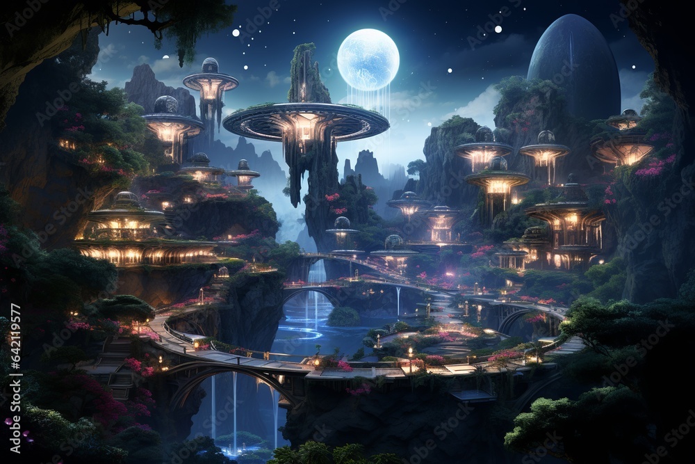 Celestial oasis with neon constellations and floating platforms of ligh ...