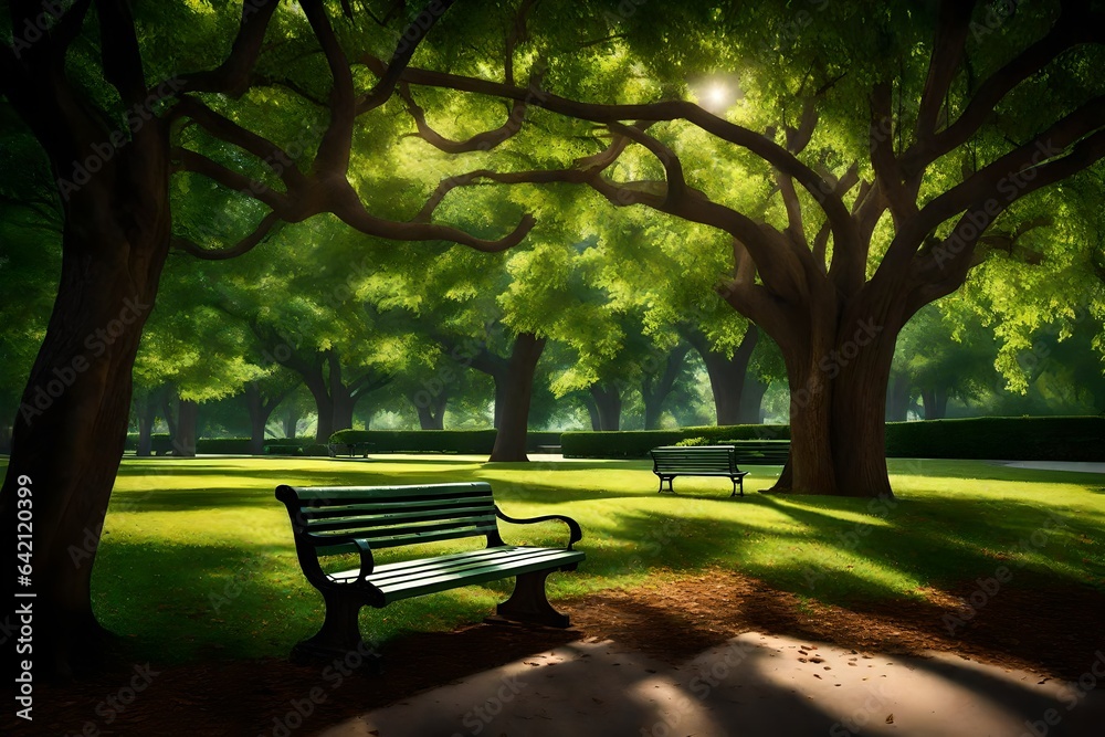 Compose a serene image of leafy shade trees casting cool, dappled ...