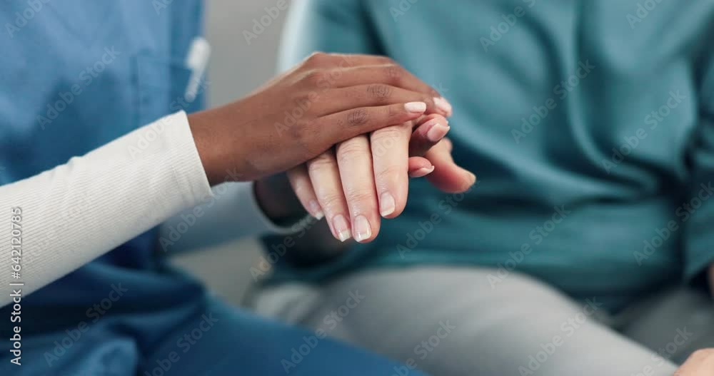 Caregiver, holding hands and support cancer patient, sick or disease in hospital. Nurse comfort ...