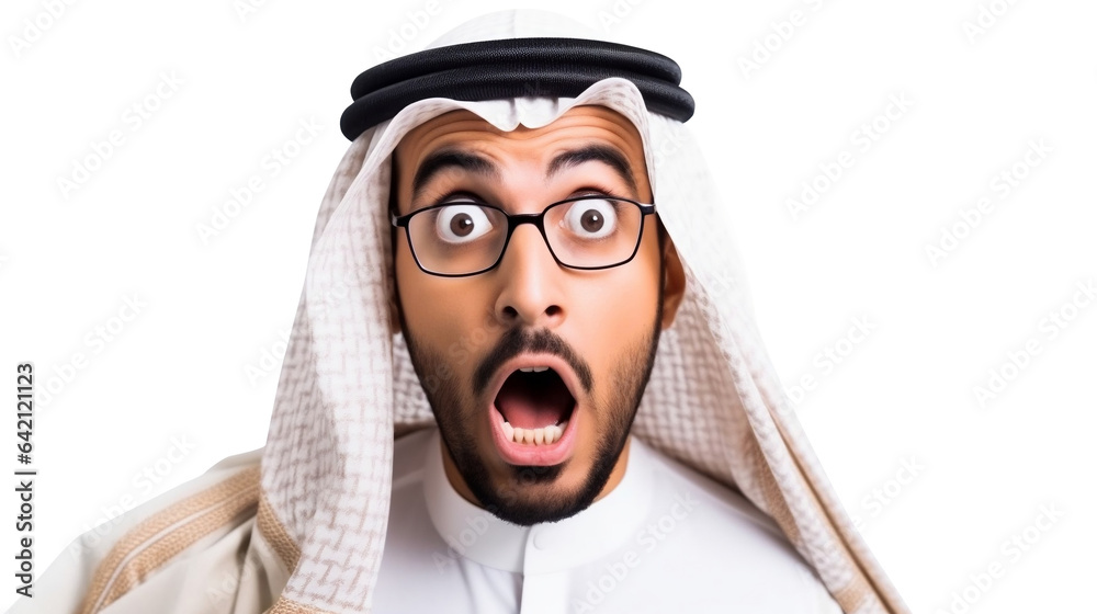 Surprised Arab middle eastern Saudi man in traditional. Excited fun man ...