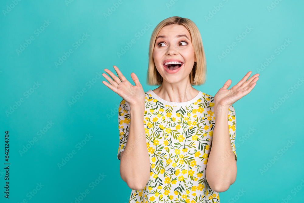 Photo of ecstatic overjoyed woman with bob hairstyle dressed t-shirt ...