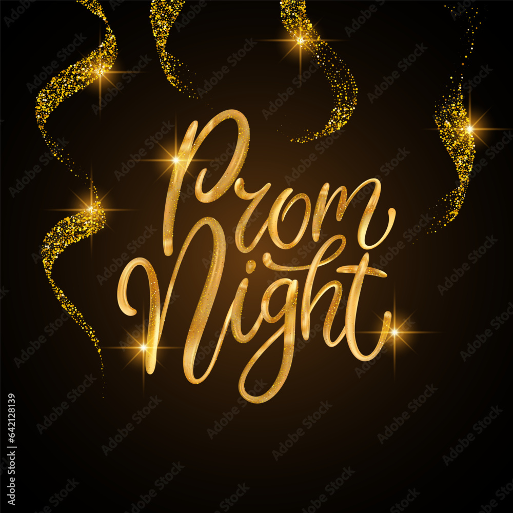 Prom night glitter text card. Shiny sparkle 3d vector gold golden ...