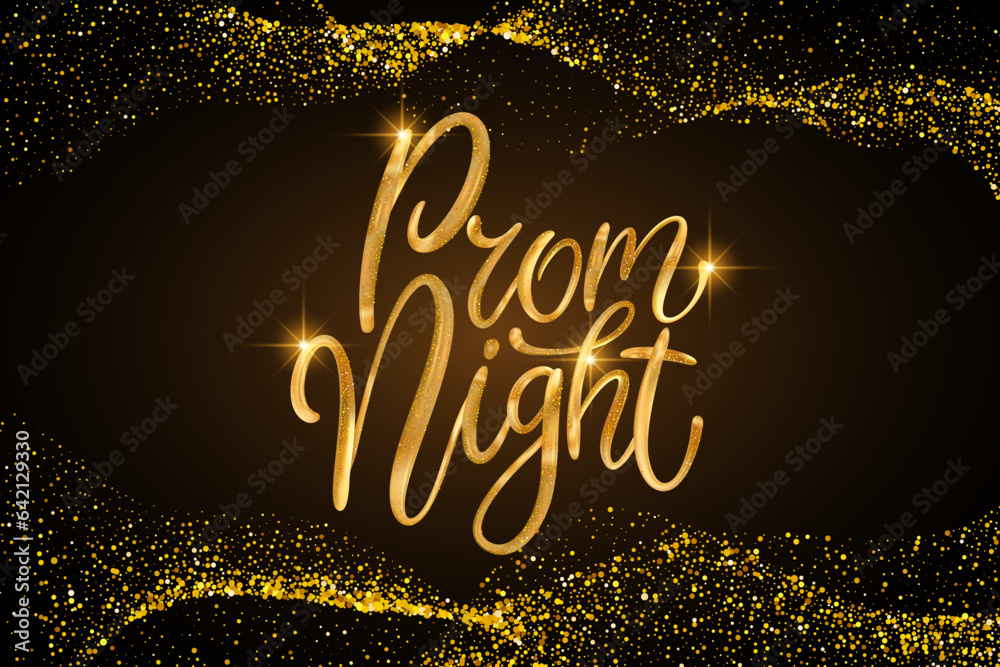 Prom night glitter text card. Shiny sparkle 3d vector gold golden ...