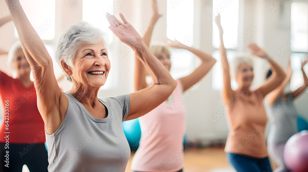 Seniors training calm exercises for elderly wellness, yoga fitness, health class and retirement ...