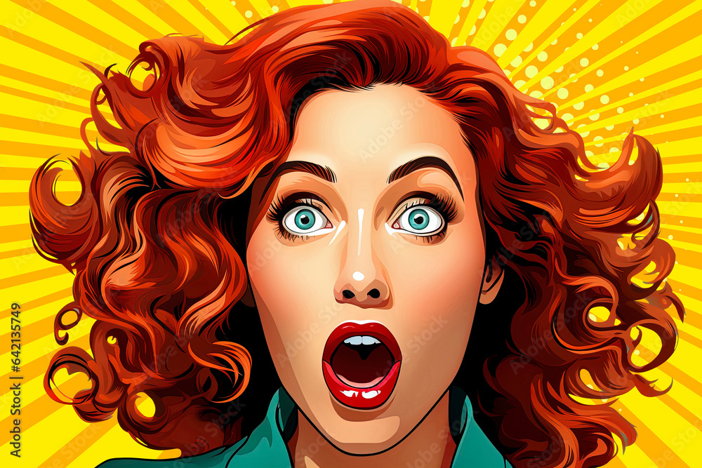 Wow effect, beautiful surprised young woman with open mouth and red ...