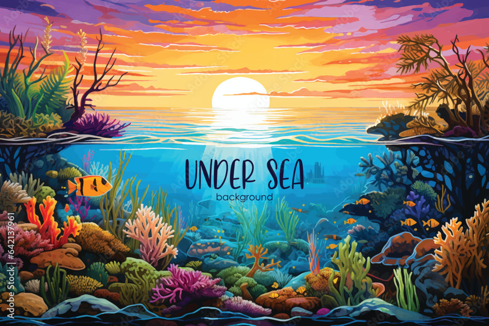 Hand drawn painting of under sea in sunset Stock Vector | Adobe Stock