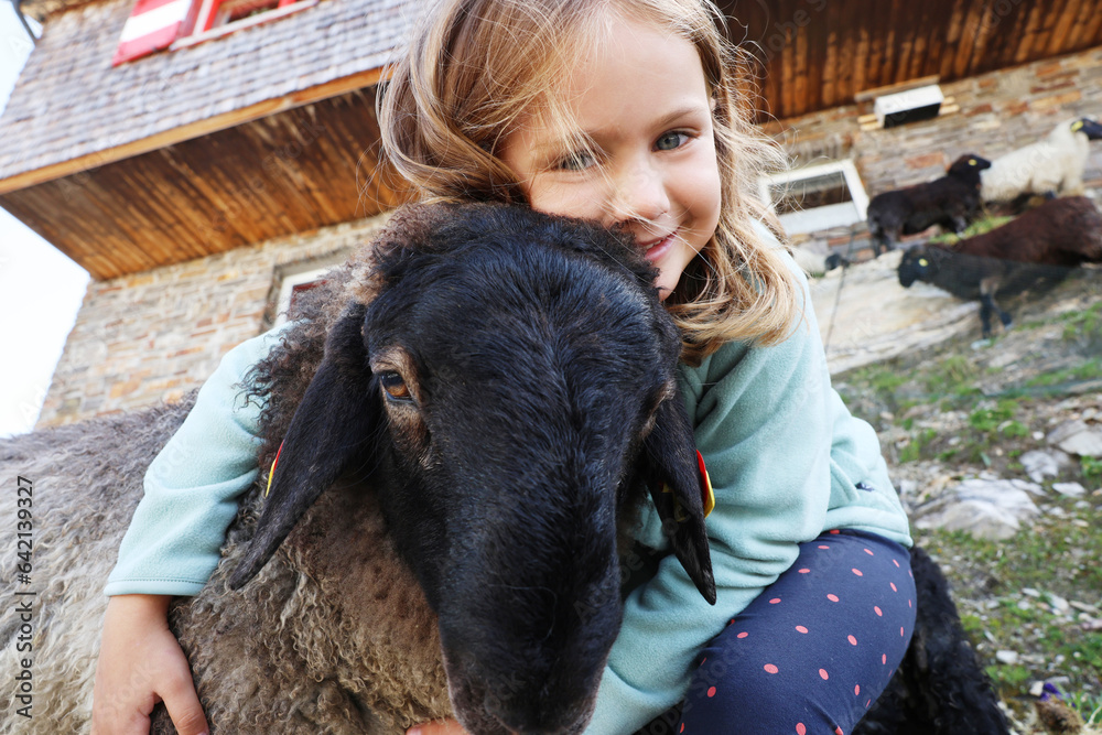 happy smiling child girl hugging sheep at farm, children love play ...