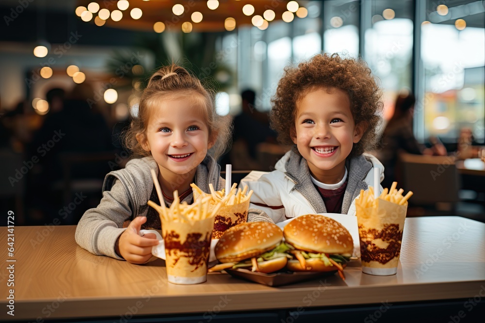 Two happy little American children boy and girl sit by the table and ...