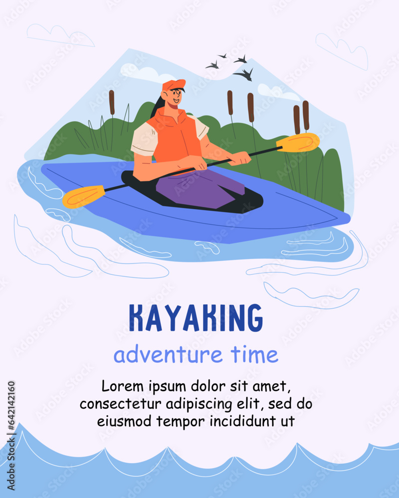 Banner or poster with woman tourist on a kayak, flat cartoon vector ...