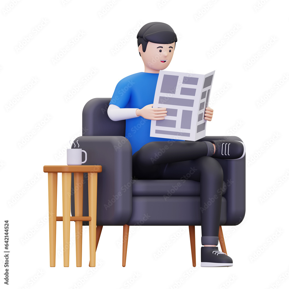 3d Man reading the newspaper while having coffee illustration Stock ...