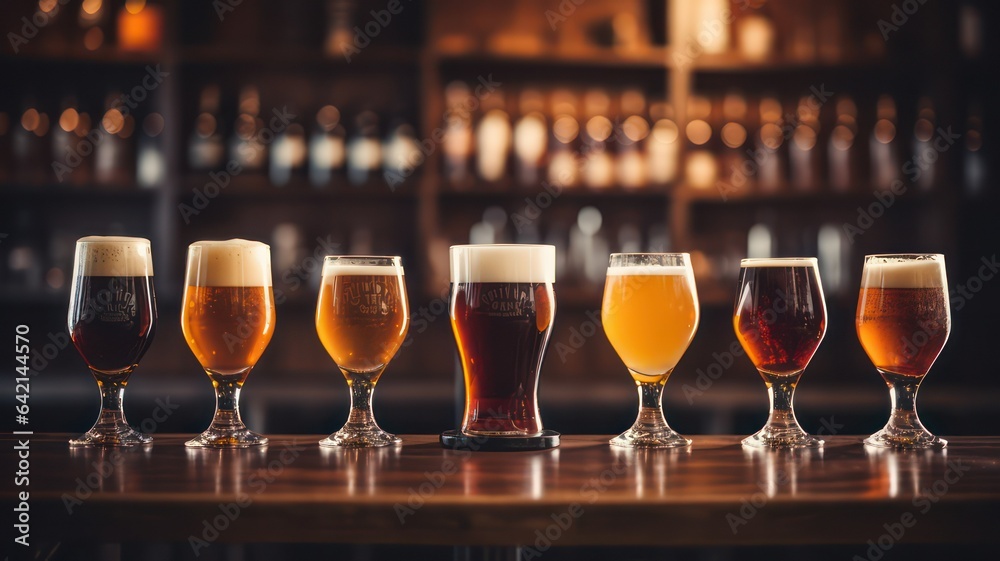 Glasses with craft beer on wooden bar. Tap beer in pint glasses ...