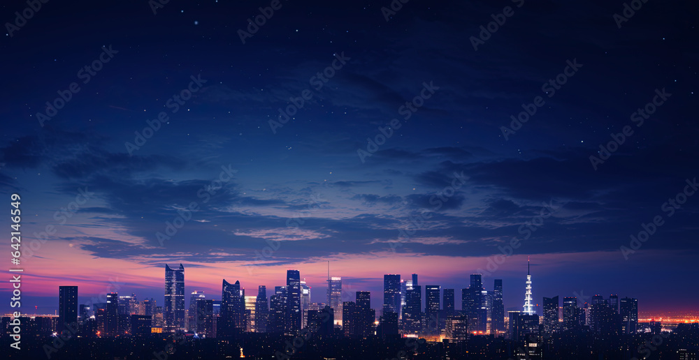 東京の高層ビルと空、夜景The wide night sky after the sun goes down, dyeing the sky ...