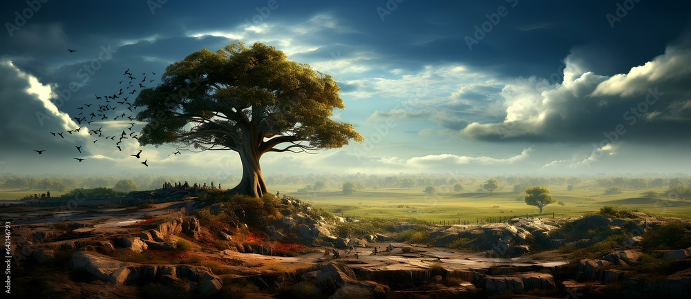 Big tree on the verge of drying up. The soil cracked from drying out ...