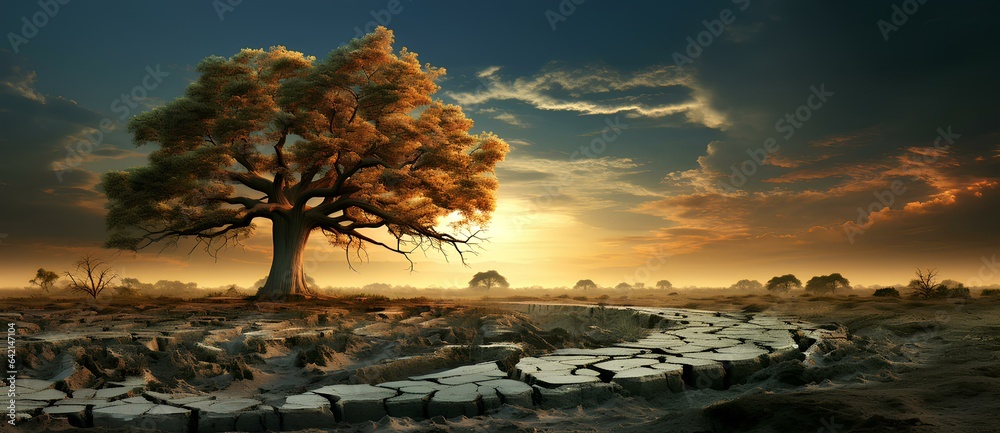 Big tree on the verge of drying up. The soil cracked from drying out ...