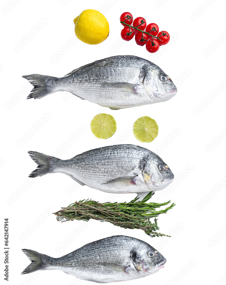 Raw three sea bream or Gilt head bream dorada fish with herbs pepper ...