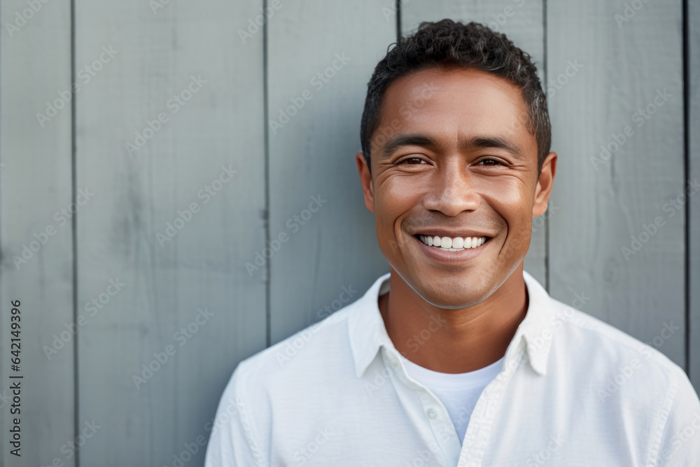 Smiling Filipino man in white shirt posing against a timber wall. Stock ...