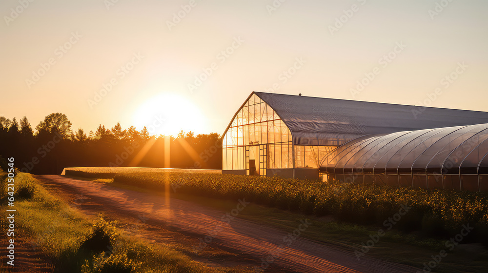 Beautiful modern farm with a greenhouses, sunset. Glass large ...