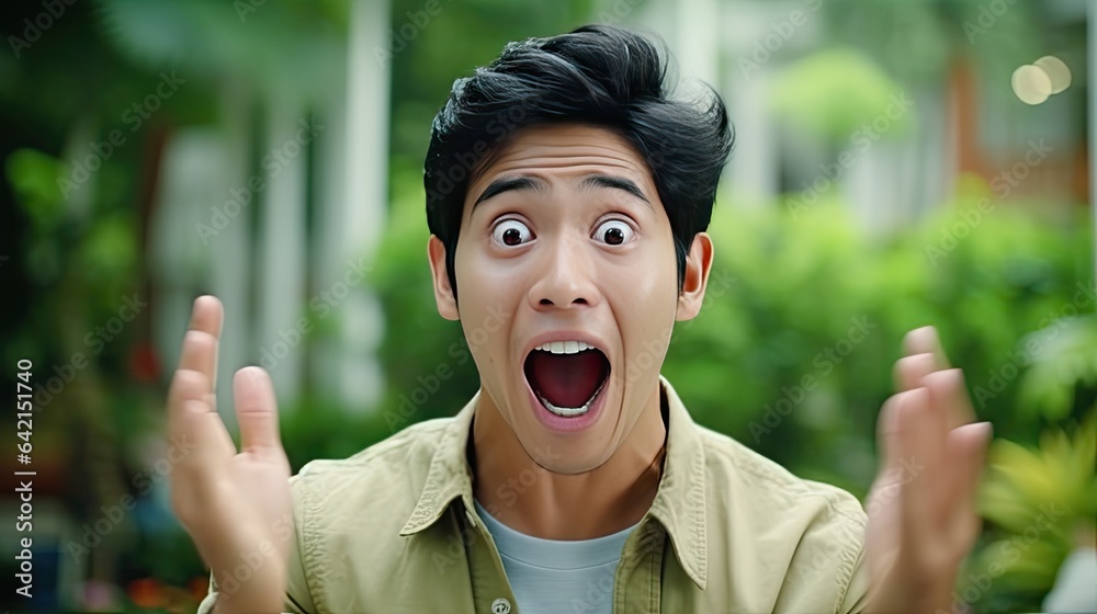 Asian handsome man exited surprise face expression . Male feels shocked ...