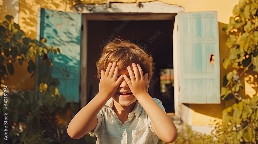 children kid playing hide and seek standing next wall house, Adorable ...