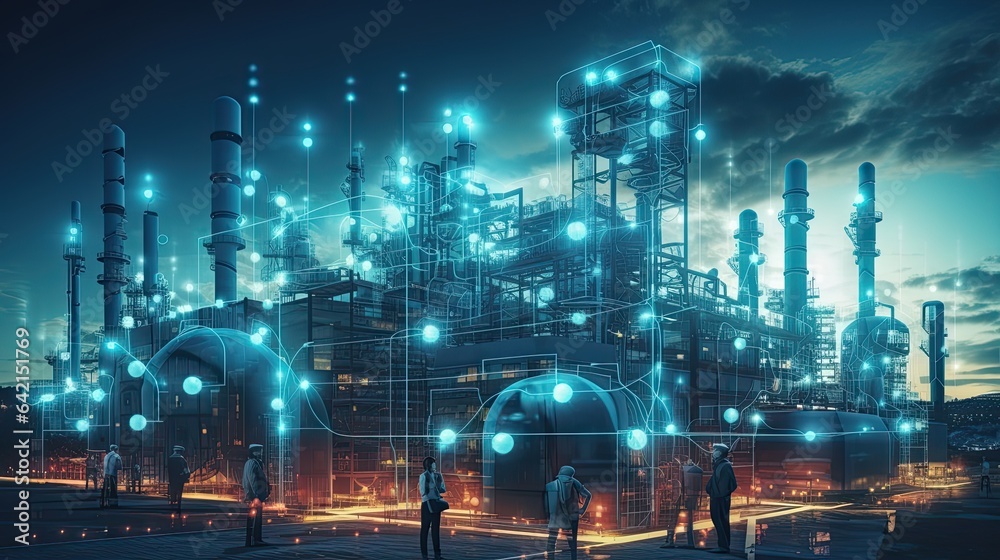 Modern factory, communication network. Telecommunication. IoT, Internet ...