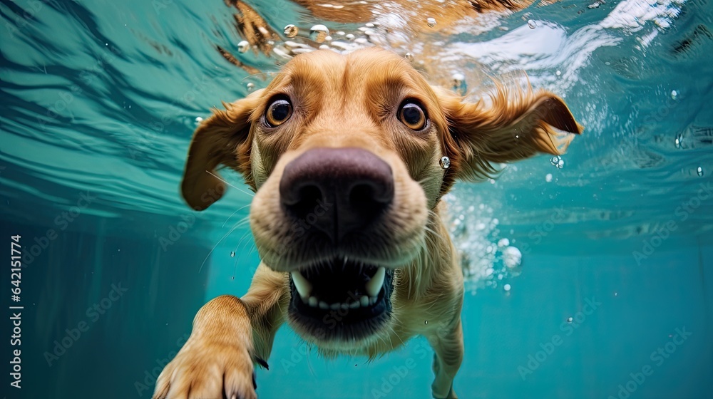 Foto de Funny underwater picture of puppies in swimming pool playing ...