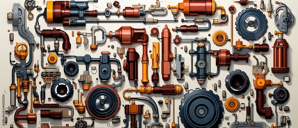 Cartoon vector set of engineering industrial pieces and spare parts for ...