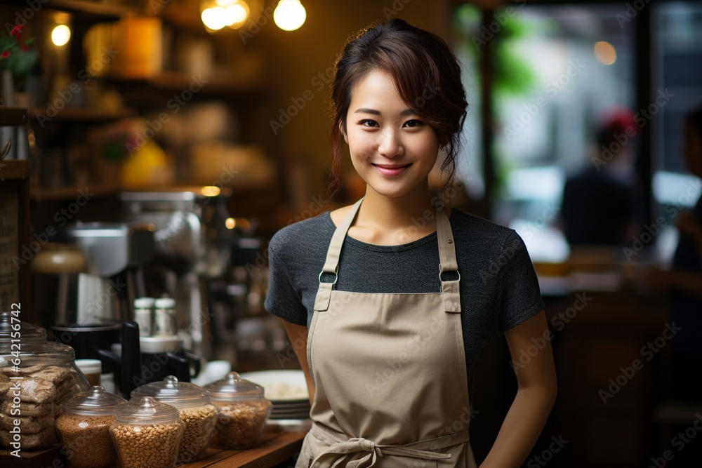 Owner stands at her cafe in a cheerful pose with an open signboard ...