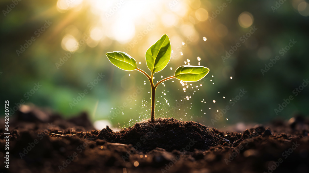 A vibrant young plant flourishes in the morning sunlight, set against a ...